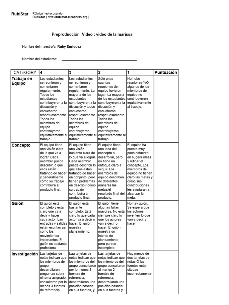 Your Rubric_ Preproducción- Video _ video de la marissa | PDF