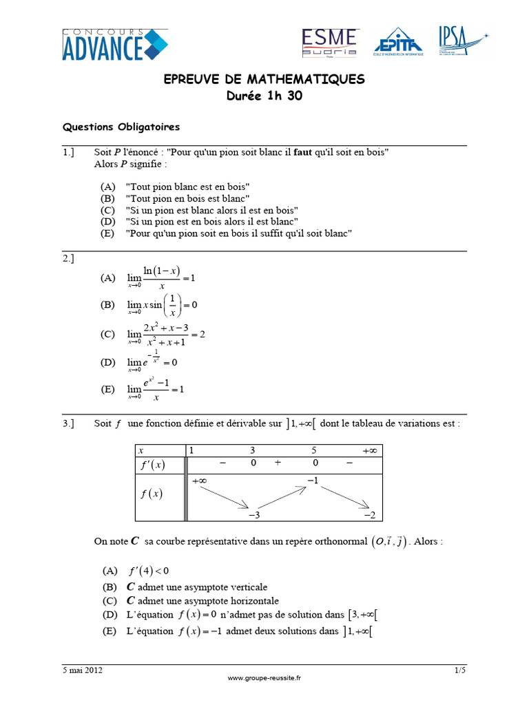 Epreuve de Mathematiques Durée 1h 30: Questions Obligatoires | PDF