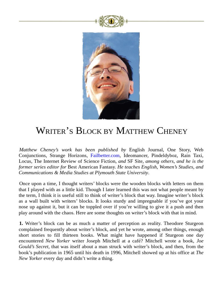 Writer's Block - Matthew Cheney | PDF