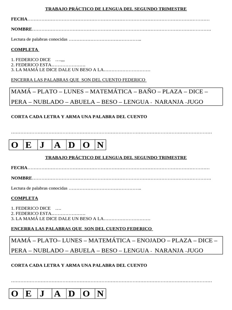 Trabajo práctico de lengua del segundo trimestre | PDF