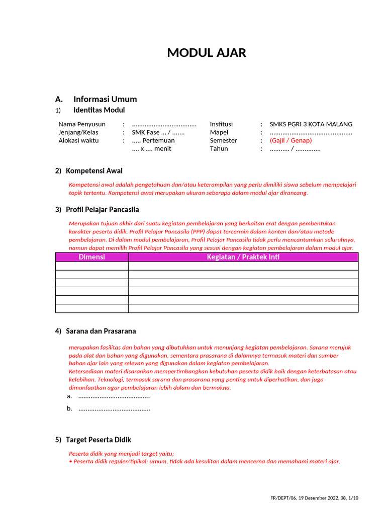 Form Modul Ajar Revisi 23 Des 2022 | PDF