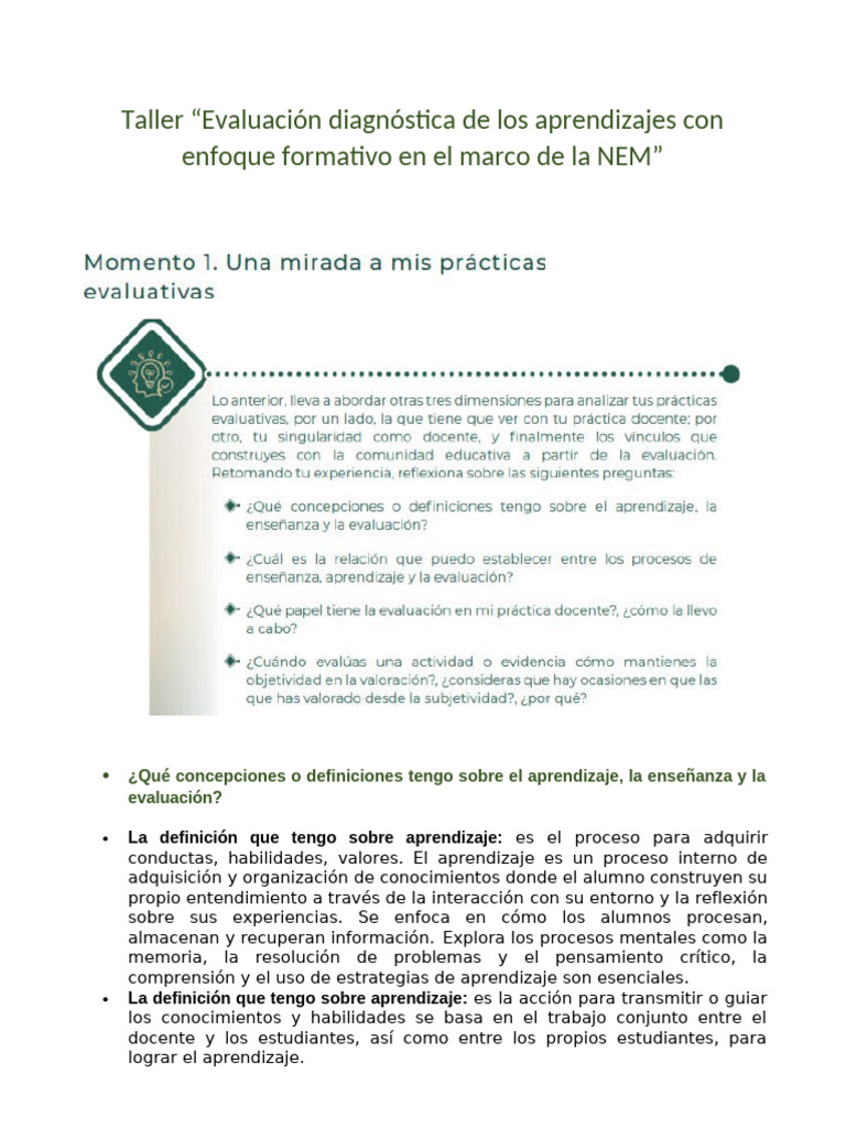 Taller Evaluación Diagnóstica De Los Aprendizajes Con Enfoque Formativo 7562