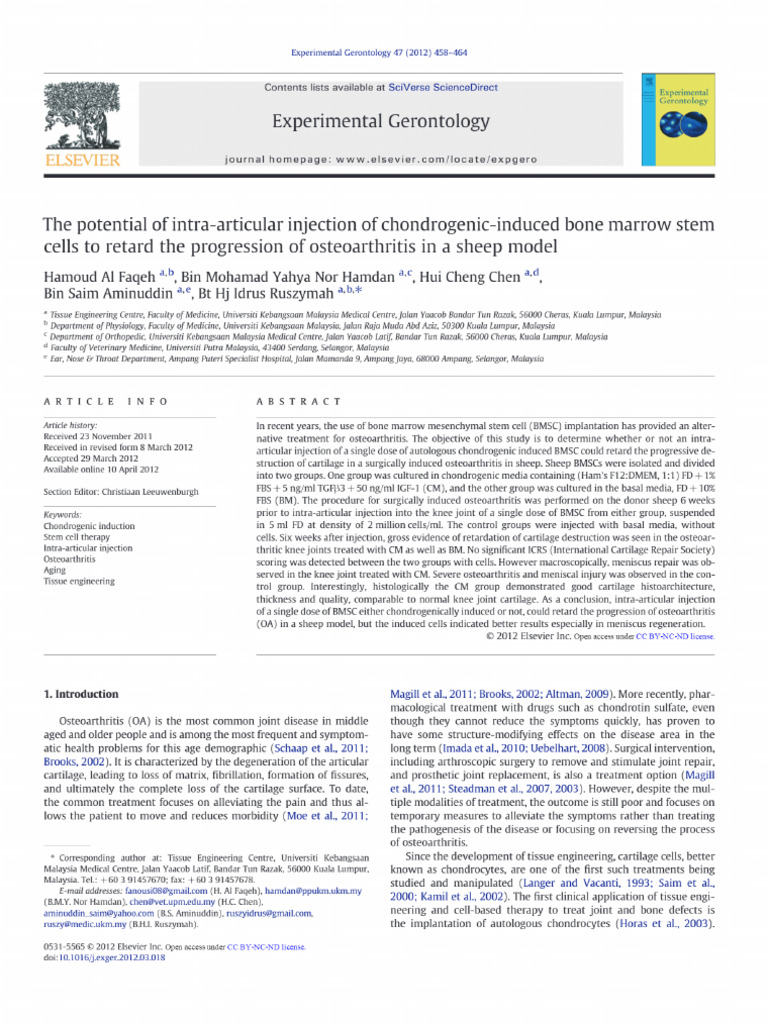 The Potential of Intra-Articular Injection of Chondrogenic-Induced Bone Marrow Stem Cells to ...