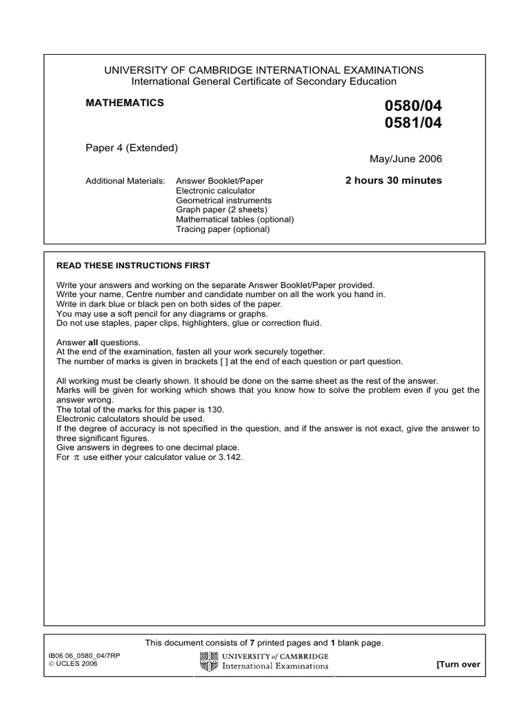June 2006 QP - Paper 4 Cie Maths Igcse | PDF