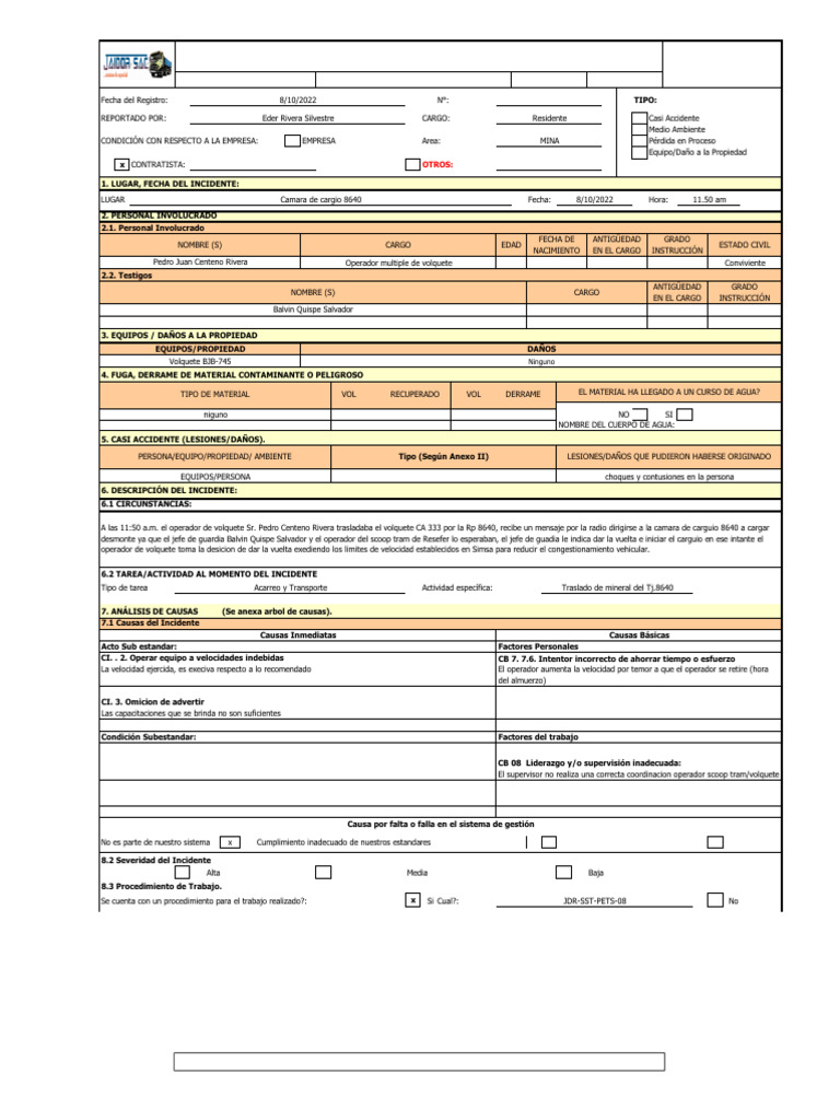 FORM-SEG-020 Investigación de Incidente 8.10.22 Jaidor S | PDF