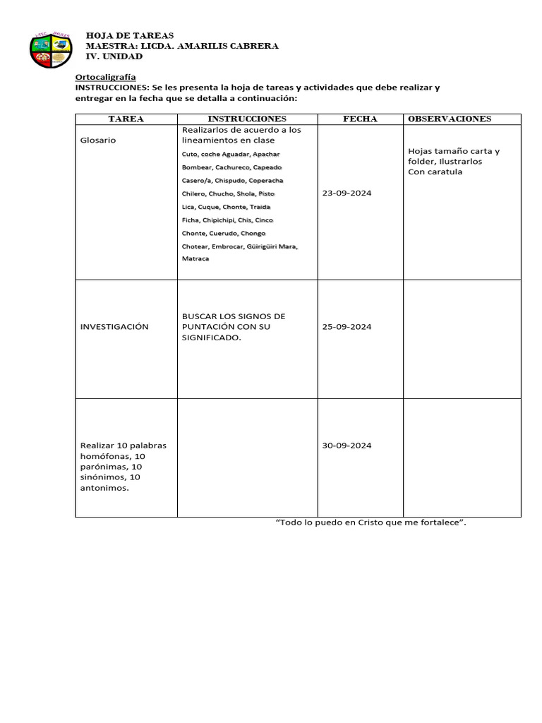 Hoja de Tareas - Orto. IV Unidad 2do | PDF