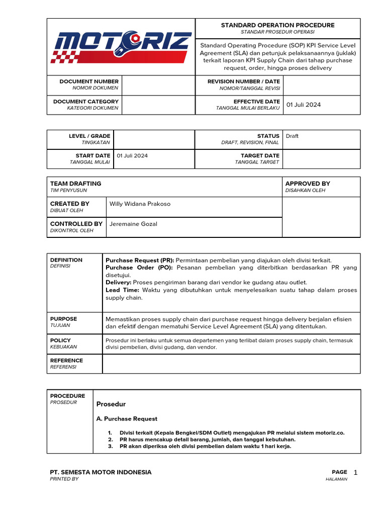 Standard Operation Procedure: Draft 01 Juli 2024 | PDF