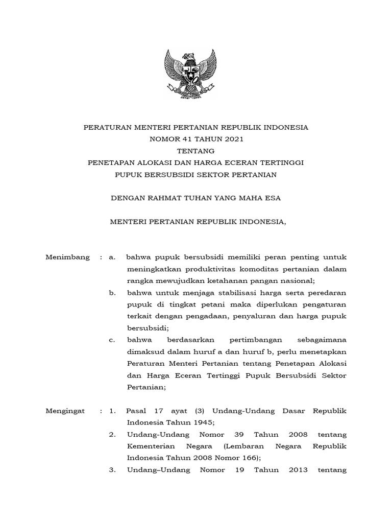 Permentan Nomor 41 Tahun 2021 | PDF