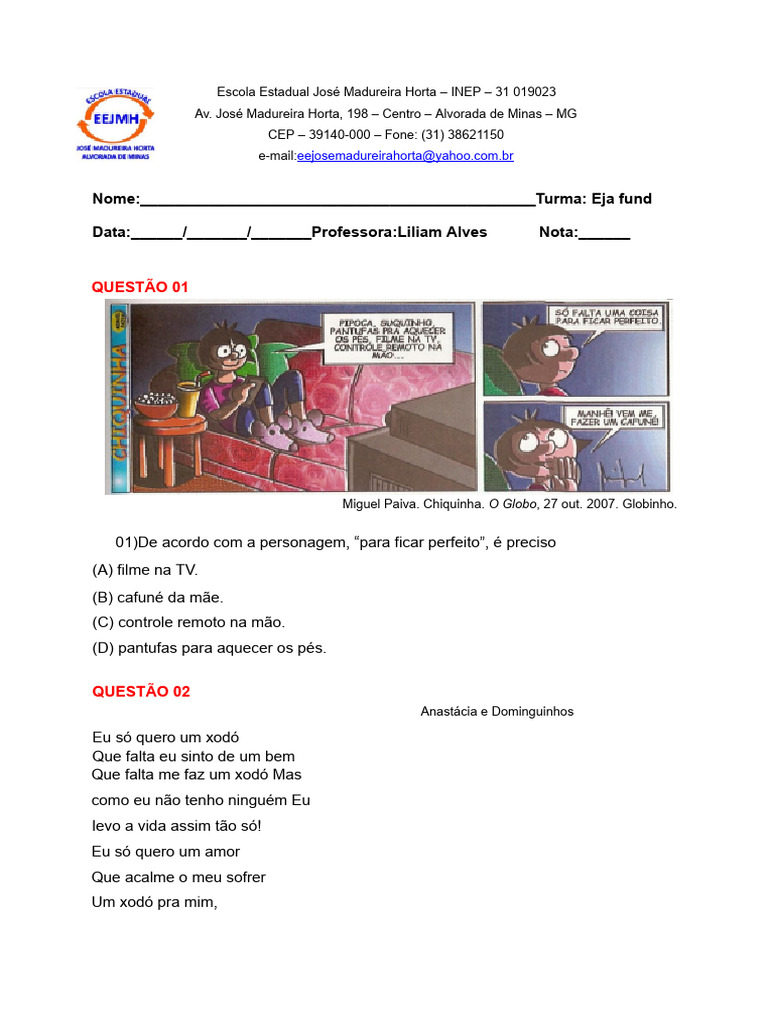 Prova Língua Portuguesa 1 Bimestre Eja Fundamental | PDF