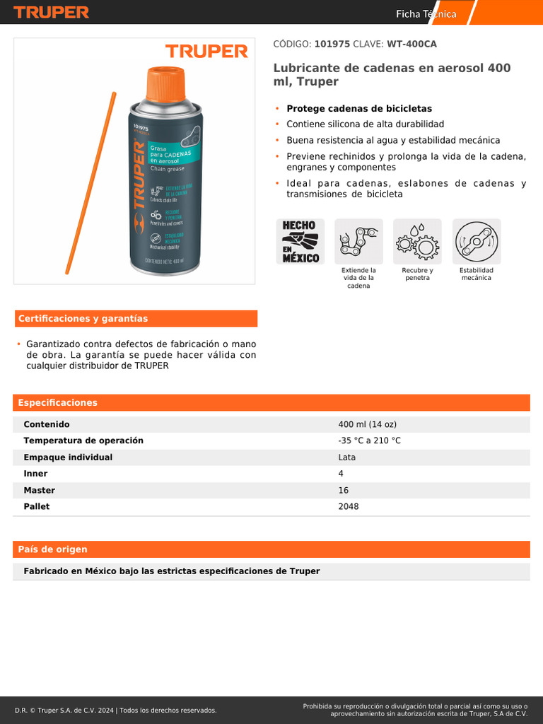 Lubricante de Cadenas en Aerosol 400 ML, Truper: CÓDIGO: 101975 CLAVE ...