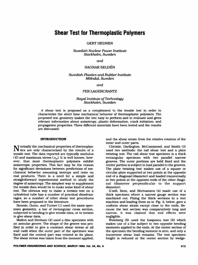 Polymer Engineering Sci - March 1994 - Hedner - Shear Test For ...
