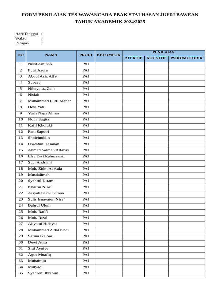 Form Tes Wawancara Pbak24 | PDF