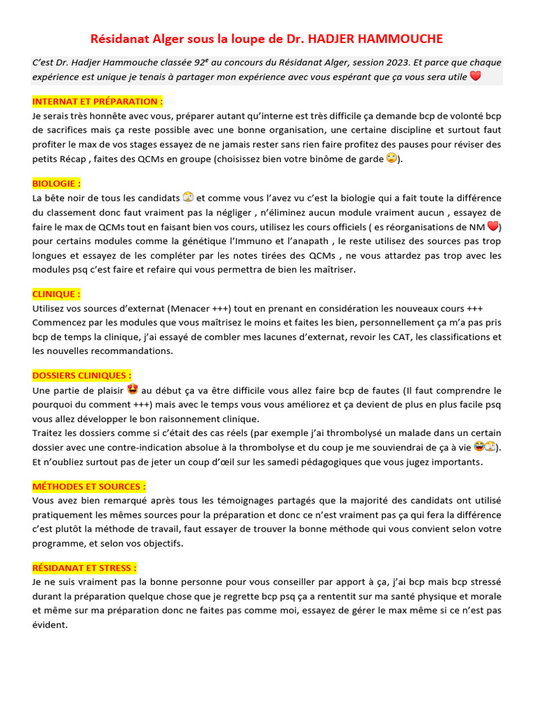 RÃ©sidanat 2023 - Dr. HADJER HAMMOUCHE | PDF