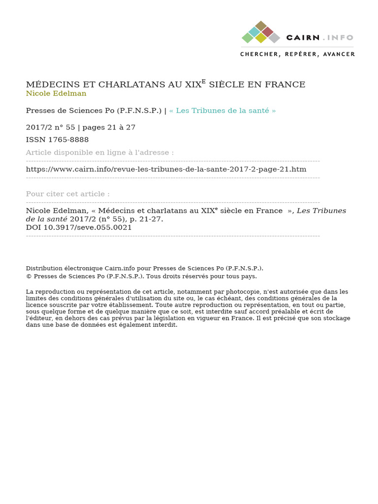 Edelman Médecins Et Charlatans Au XIXe Siècle en France TribSanté 2017 ...