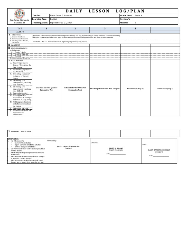 Daily Lesson Log/Plan: DAY DATE/s | PDF