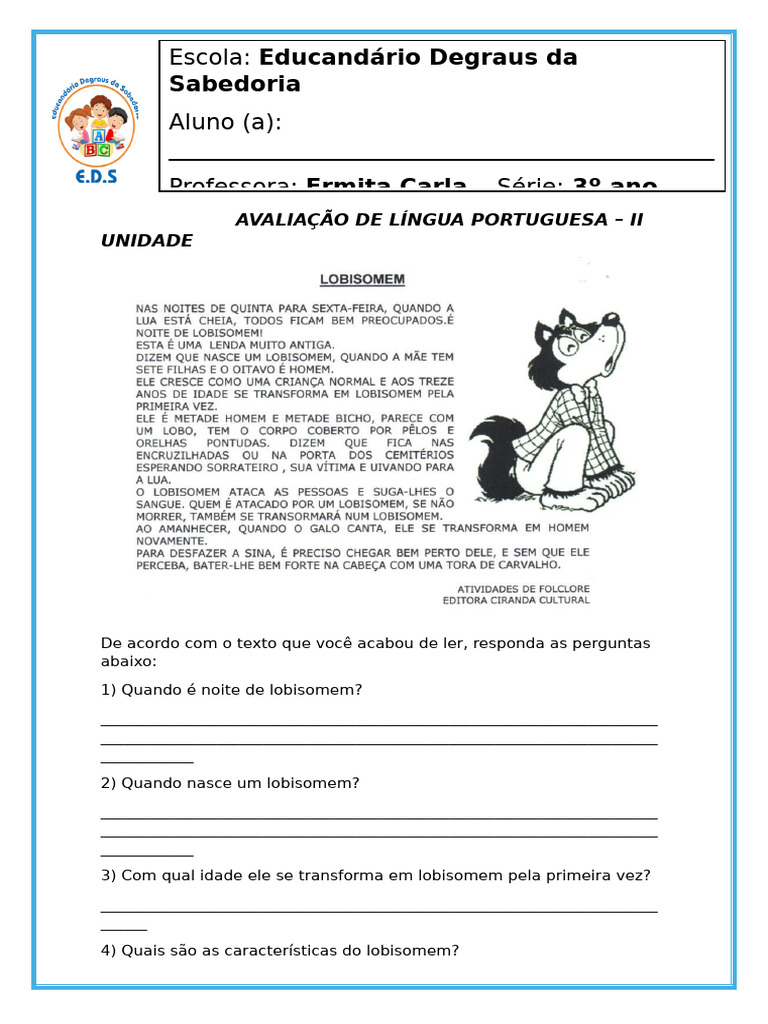 Avaliação de Português 3 Ano Ll Unidade | PDF