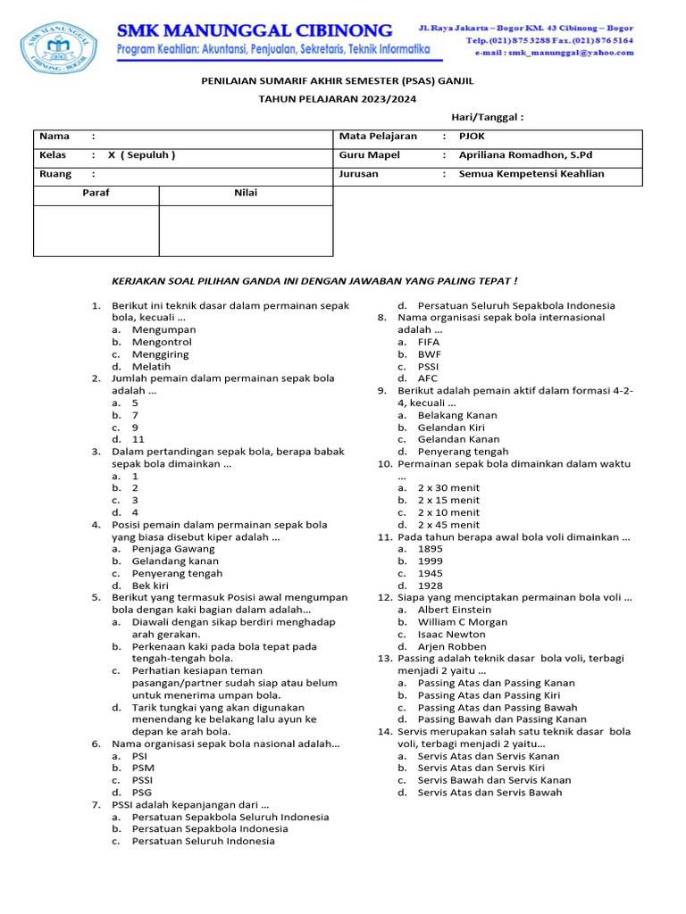 Soal Psas Biasa Pjok Kls X | PDF