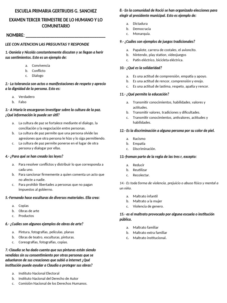 Examen Tercer Trimestre de Lo Humano y Comunitario Sexto | PDF