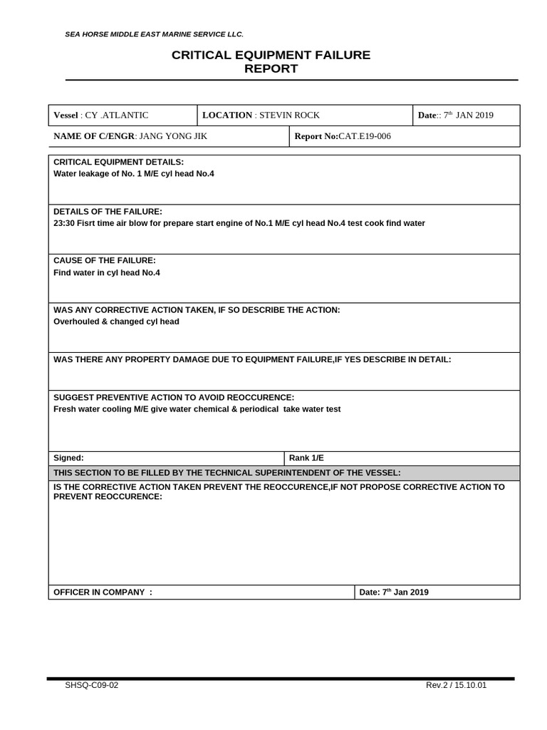 7 Jan 2019 CRITICAL EQUIPMENT FAILURE REPORT | PDF