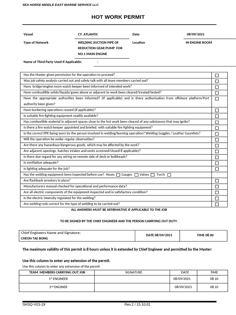SHSQ-V03-19 Hot Work Permit (WELDING PIPE GB) | PDF
