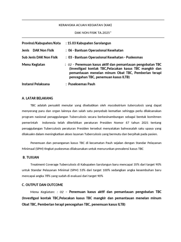 Template TOR Usulan Kegiatan Survei Vektor TBC-1 | PDF