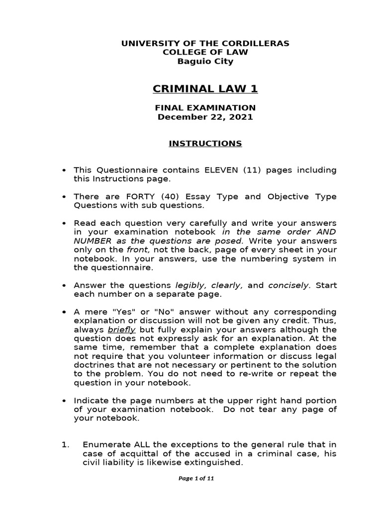 Criminal Law 1 Final Examination | PDF