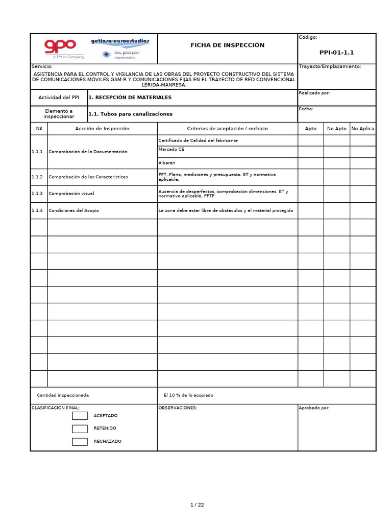 Fichas de Inspección 1. Recepción de Materiales | PDF
