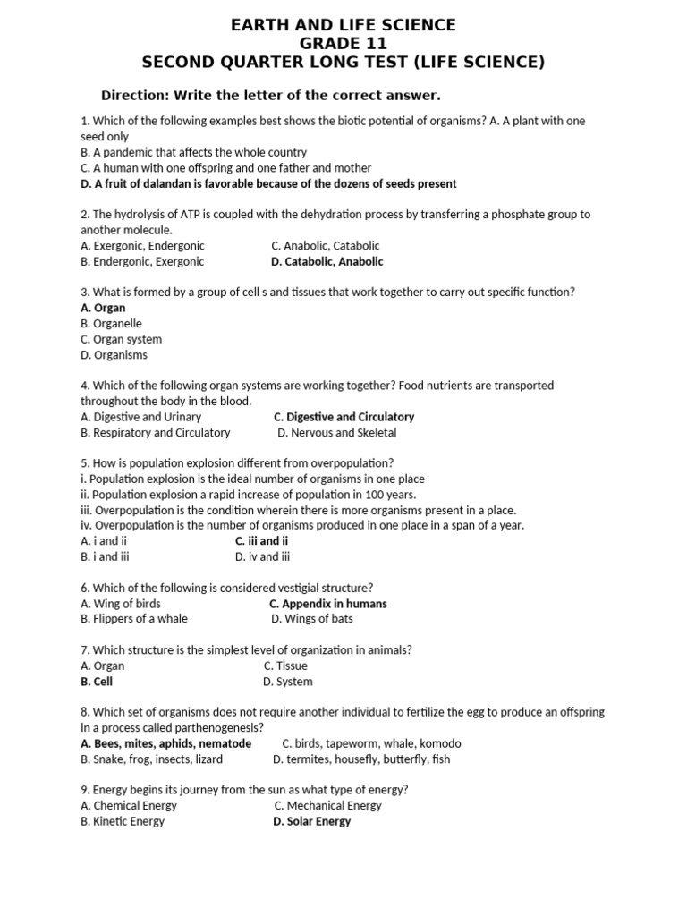 SECOND QUARTER LONG TEST (LIFE SCIENCE) | PDF