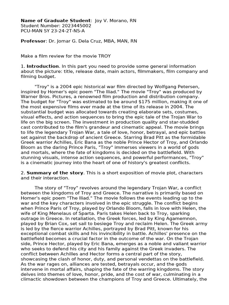 Film Review (Movie of Troy) | PDF