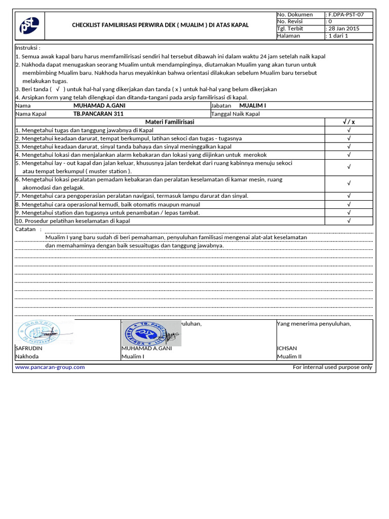 F.dpa-Pst-07 - Checklist Familirisasi Perwira Dek (Mualim) Di Atas ...