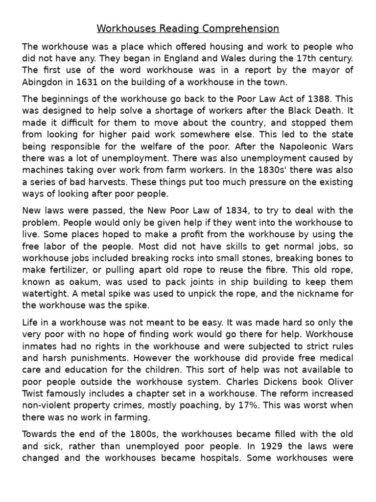 Workhouses Reading Comprehension | PDF