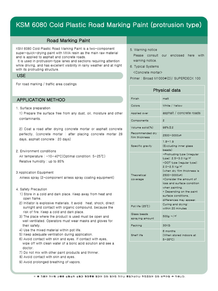 KSM 6080 Cold Plastic Road Marking Paint (Protrusion Type) - TDS | PDF