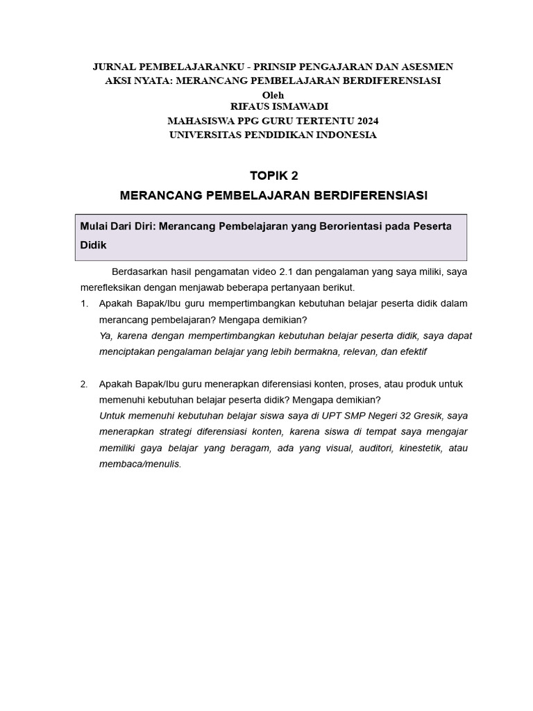Jurnal Pembelajaran 1 (Modul PPA Umum) Diferensiasi | PDF