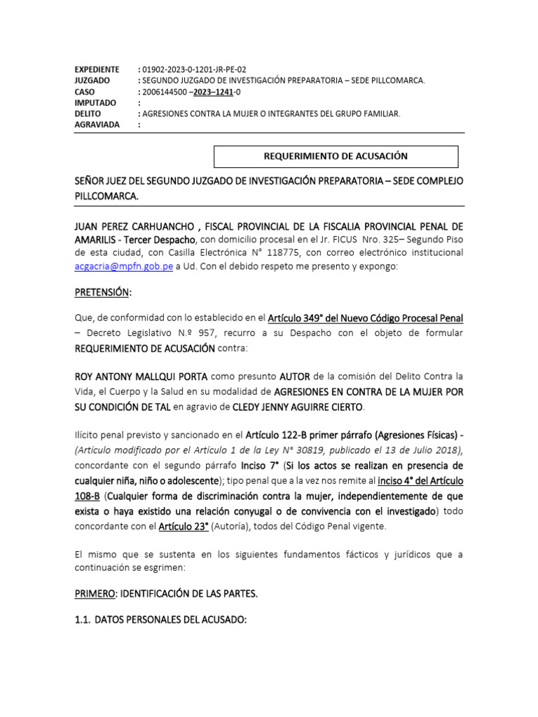 Modelo de Requerimiento de Acusación - Procesal Penal II TAREA 2 | PDF