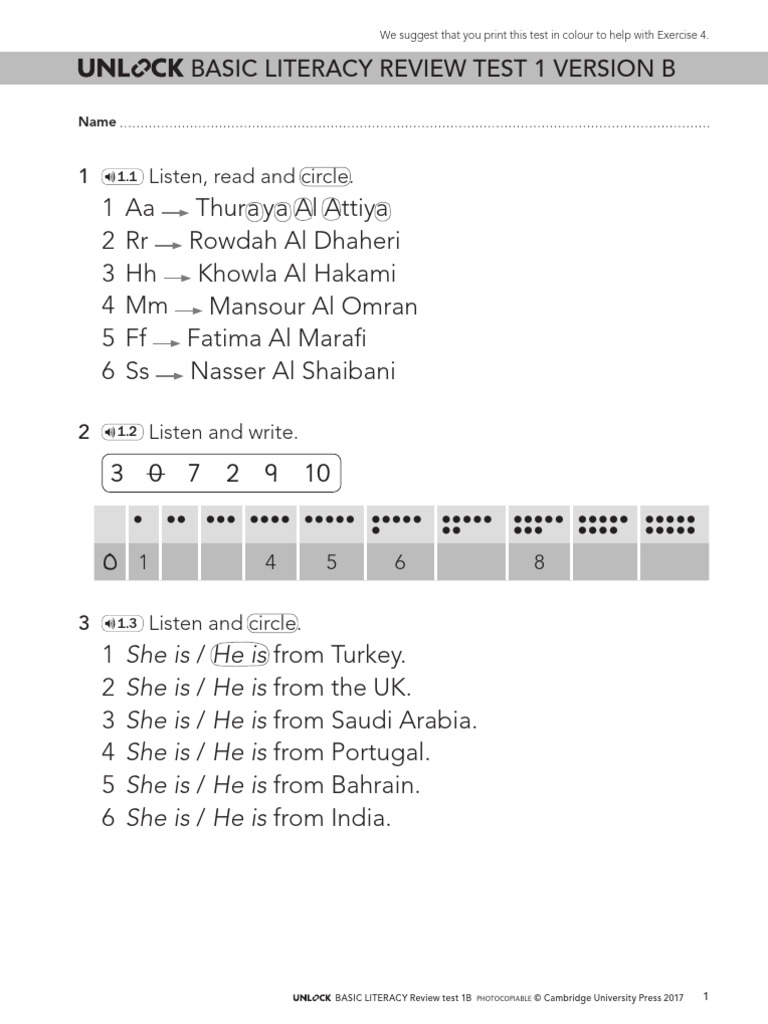 Basic Literacy Review Test Unit 1 Version B | PDF