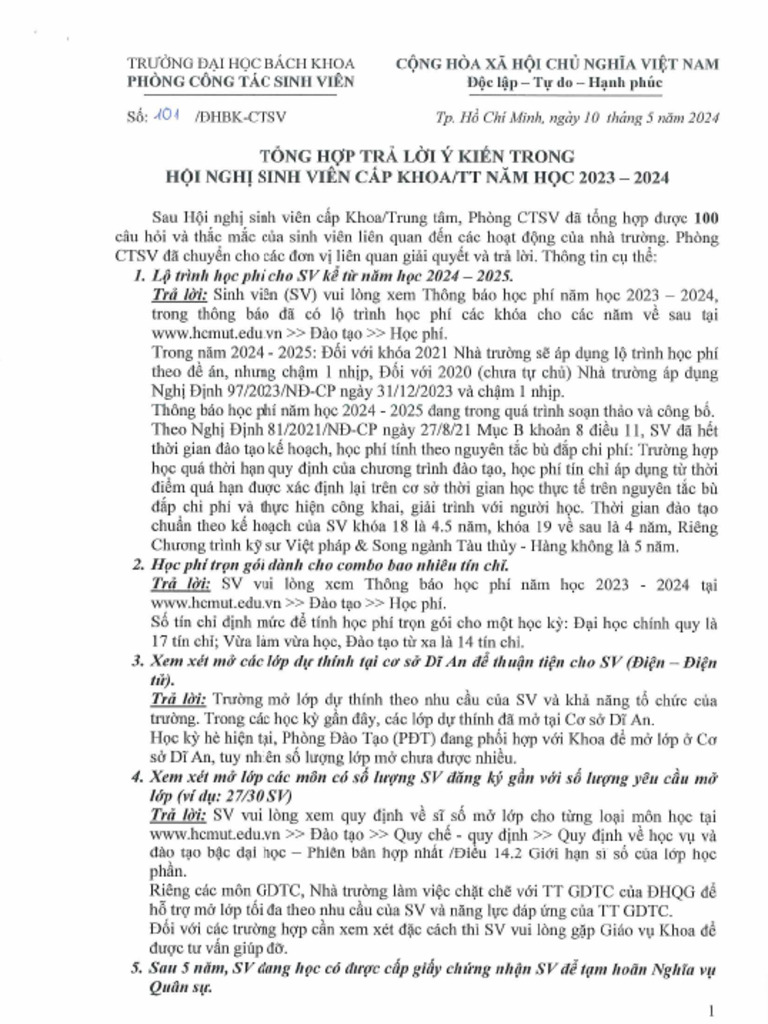 2024.05.10 101.DHBK - CTSV Tong Hop Tra Loi y Kien Trong HNSV Cap Khoa NH 23 24 | PDF