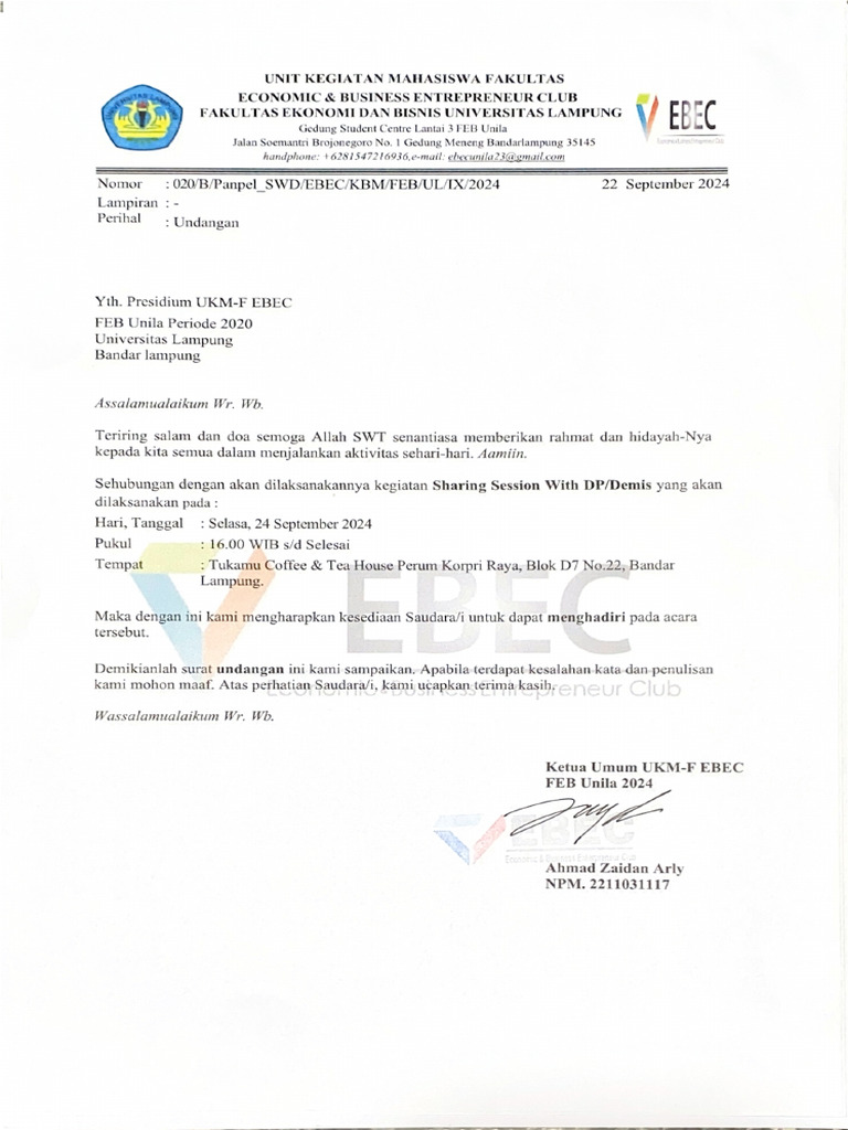 Surat Undangan SWD Presidium UKM-F EBEC UNILA 2020 | PDF