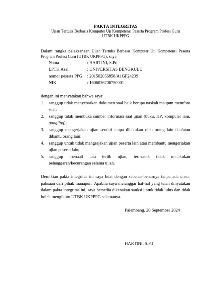 Pakta Integritas Utbk Ukpppg Pdf