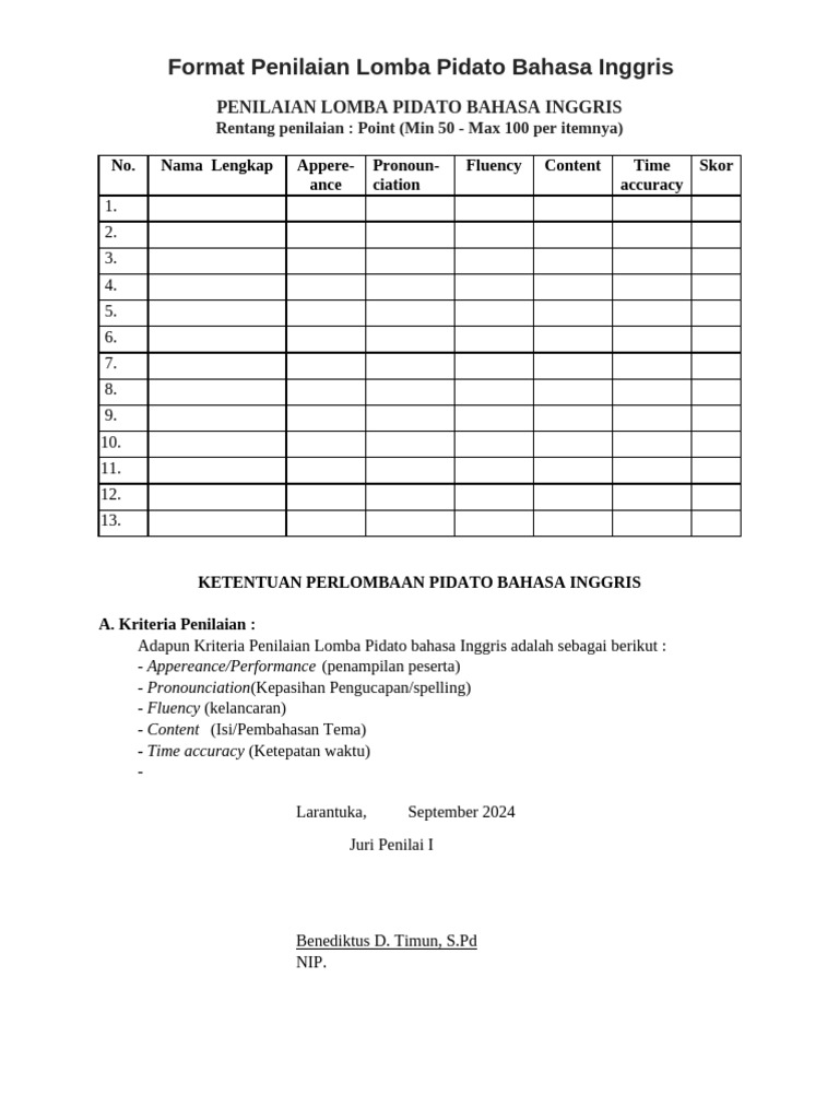 Format Penilaian Lomba Pidato Bahasa Inggris | PDF Format Penilaian Lomba Pidato Bahasa Inggris | PDF