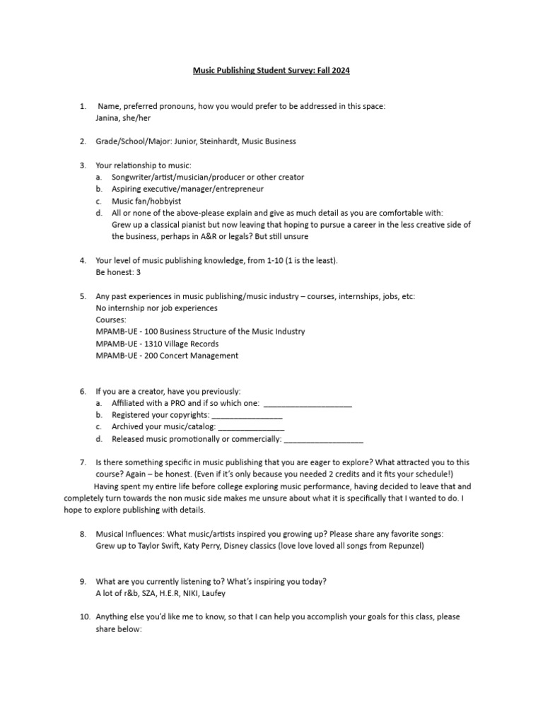 Music Publishing Student Survey Fall 2024 | PDF