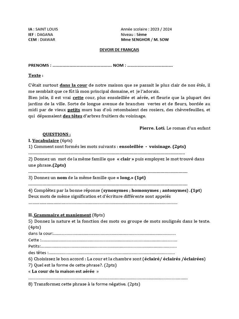 5ème TSQ 1er Devoir Second Semestre | PDF