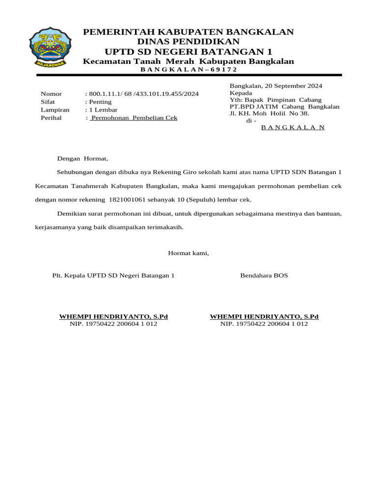 Surat Permohonan Rek Giro Bank Jatim | PDF