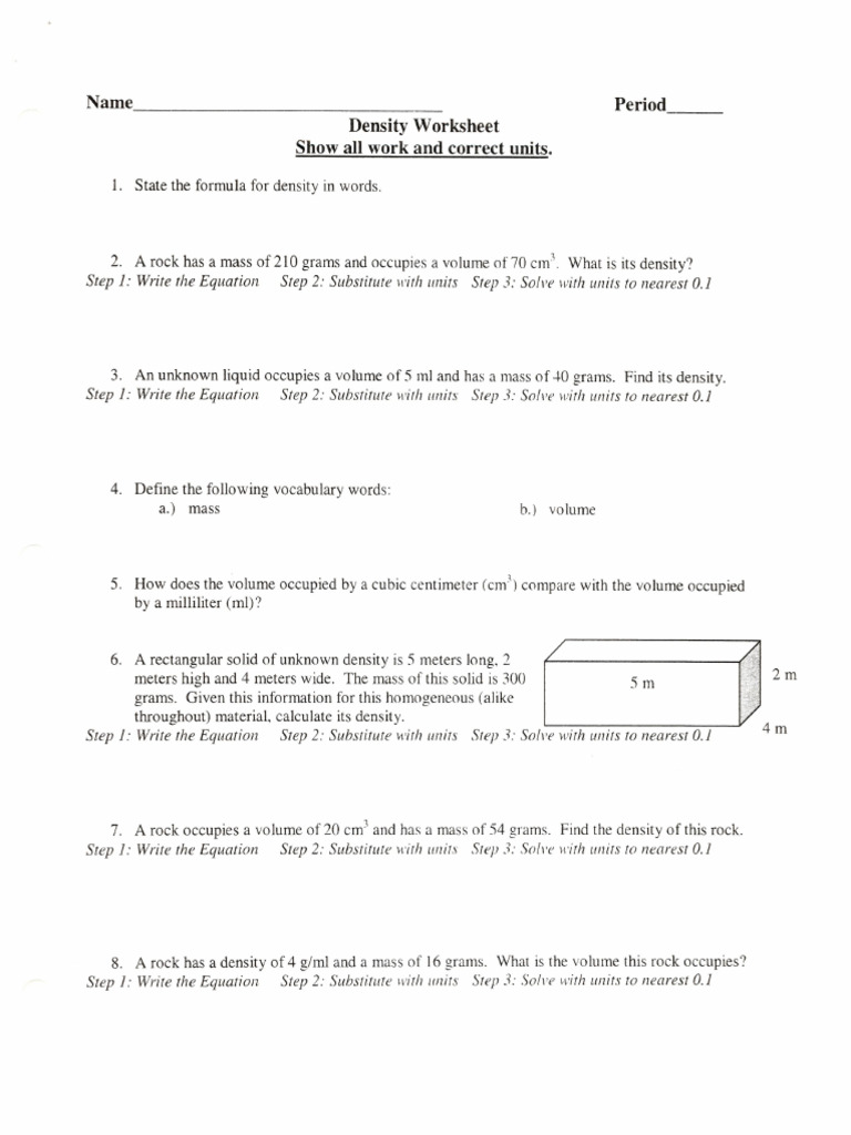 Density Worksheet 1-20 Free Response With Answer Key | PDF