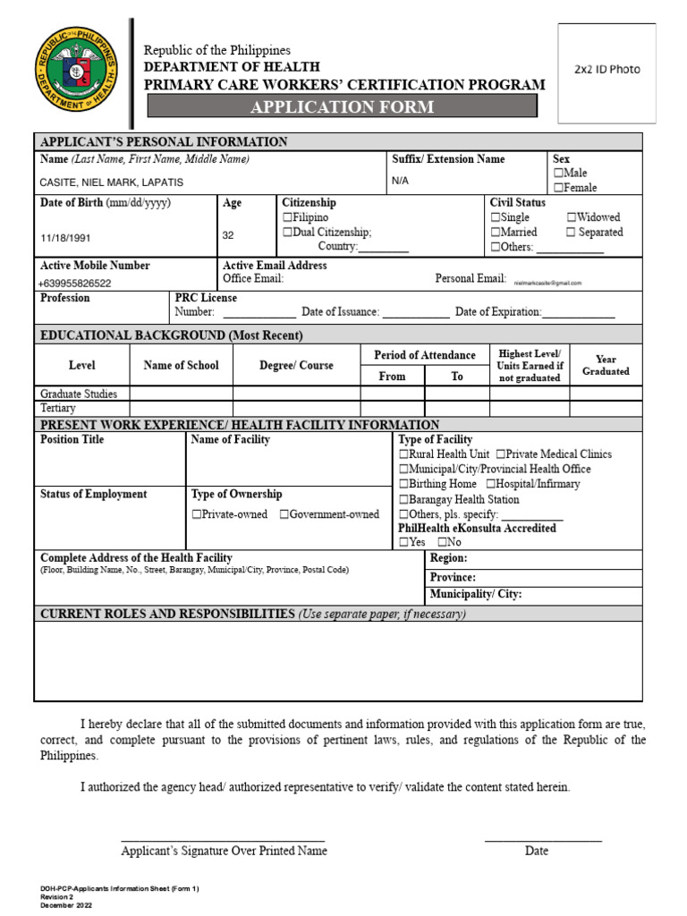 PCW Applicant's Information Sheet | PDF