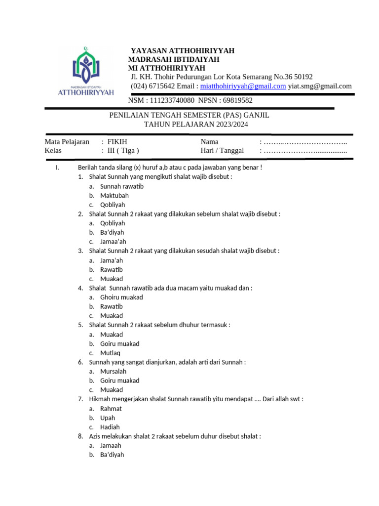 soal pts fikih smt 1 | PDF