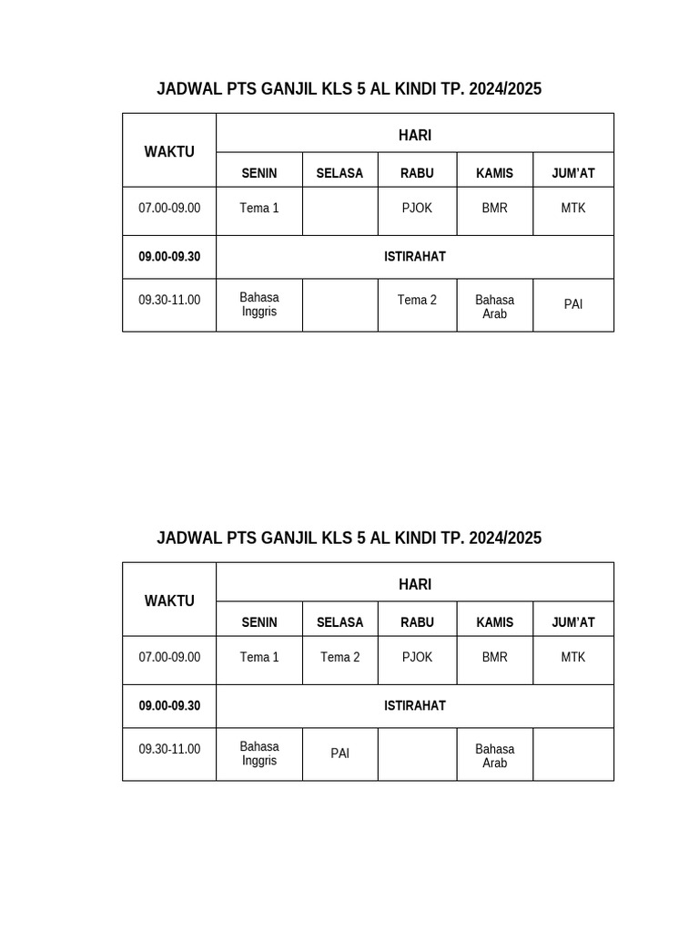 Jadwal Pts Ganjil Kls 5 Al Kindi TP 2024-2025 | PDF