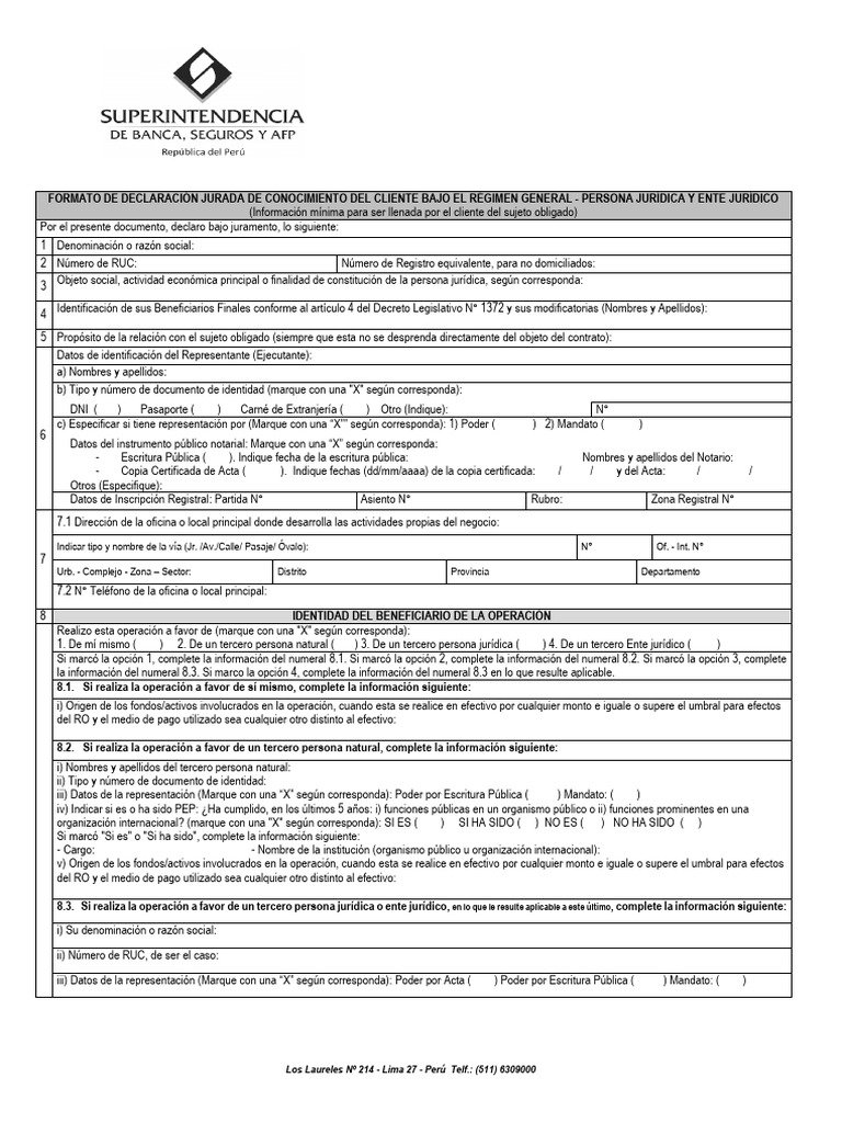 Declaracion Jurada de Conocimiento Del Cliente Bajo El Regimen General - Persona Juridica y Ente ...