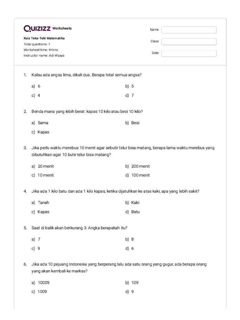 Quizizz - Kuis Teka-Teki Matematika | PDF