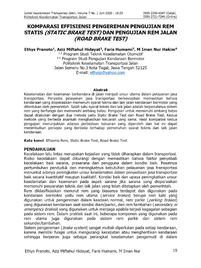 View of Komparasi Effisiensi Pengereman Pengujian Rem Statis (Static ...
