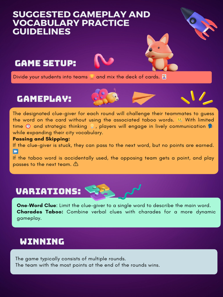 Suggested Gameplay and Vocabulary Practice Guidelines: Game Setup | PDF